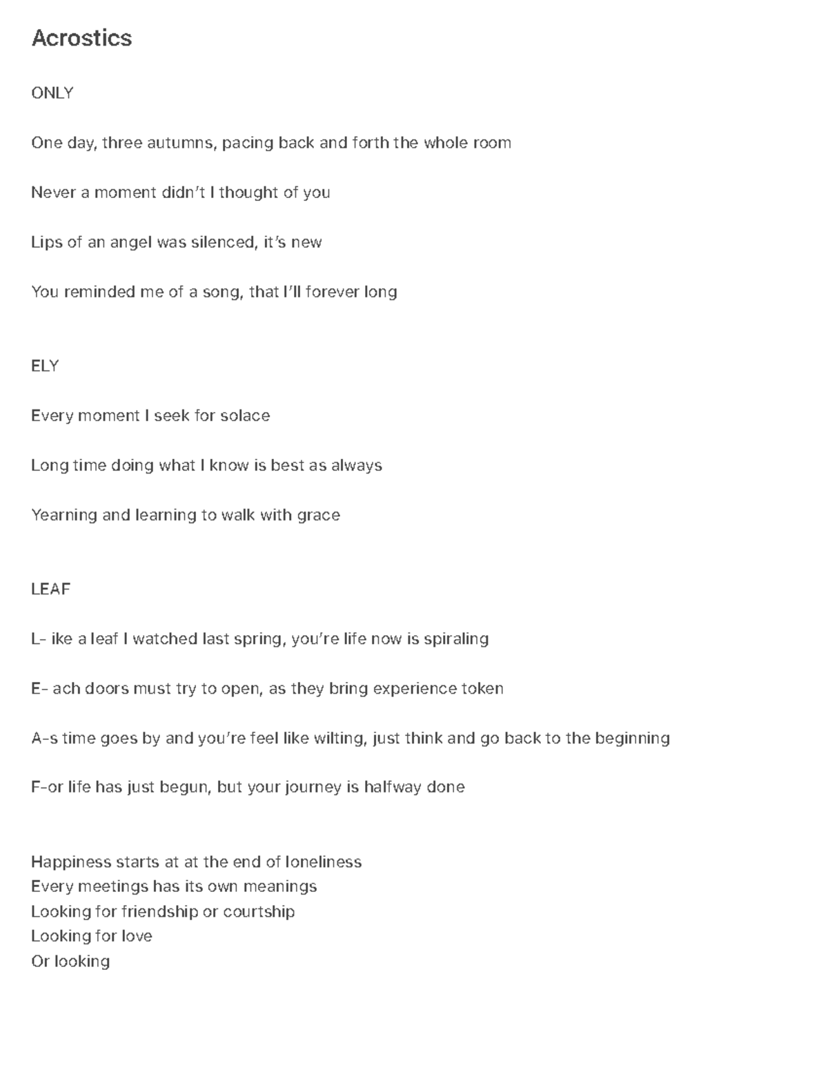 Acrostics - poem - Acrostics ONLY One day, three autumns, pacing back ...