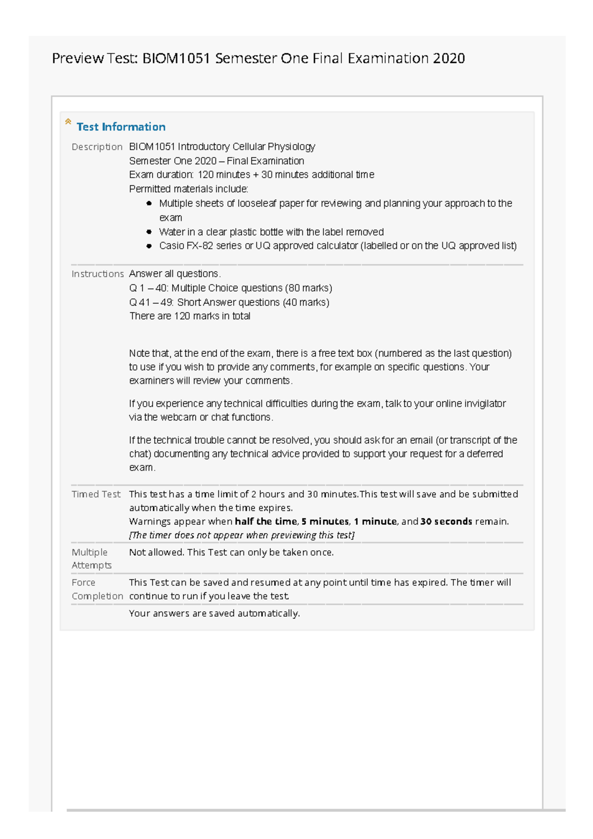 Semester One Final Examinations 2020 BIOM1051 - Preview Test: BIOM1051 ...