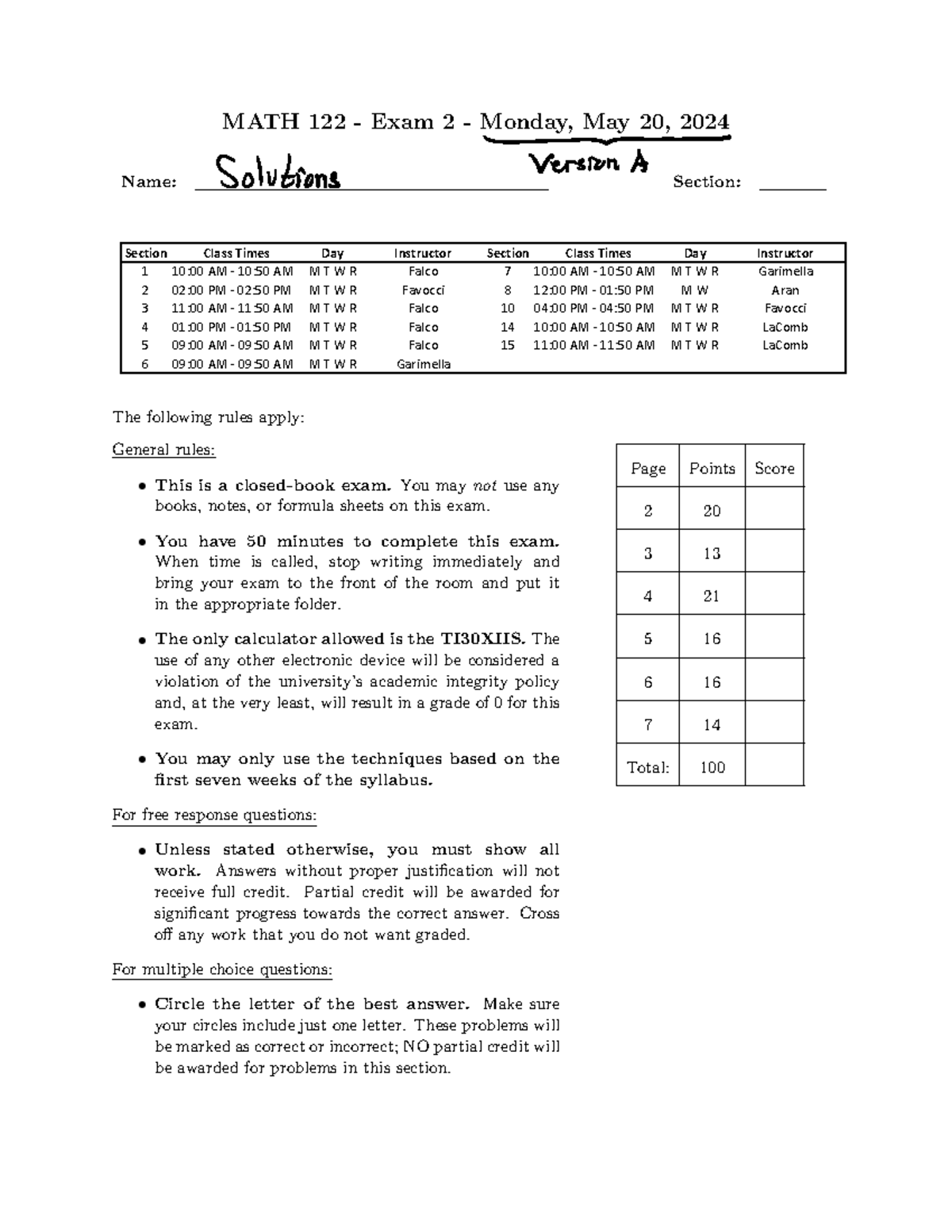 MATH122 Spring 2024 Exam2A Solutions - MATH 122 - Exam 2 - Monday, May ...