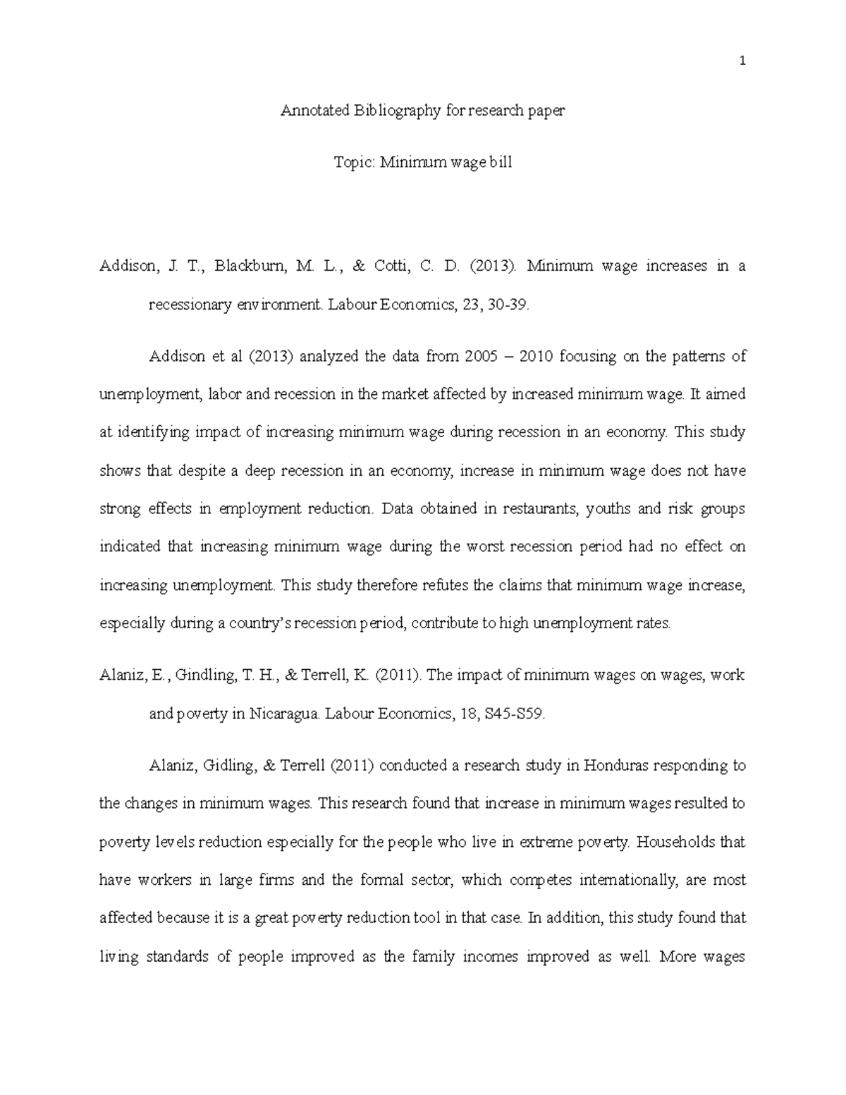 Annotated bibliography (Minimum wage bill) - Annotated Bibliography for research paper Topic ...