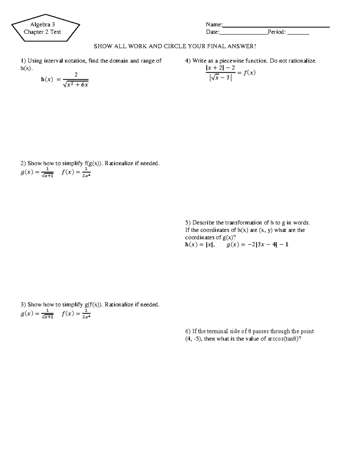 Ch2 Test 2022-2023A - Test - Algebra 3 Name: Chapter 2 Test Date ...
