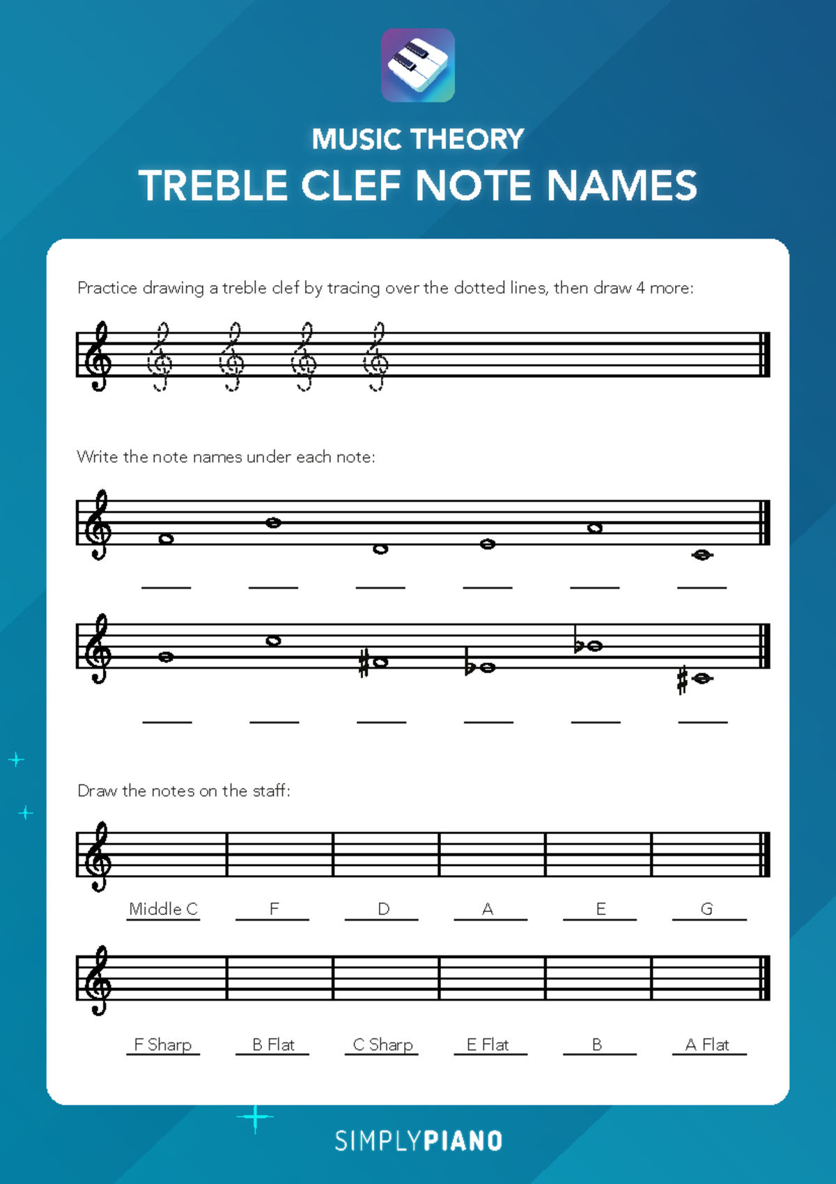 Theory 101 worksheets - PDF - Middle C Write the note names under each ...