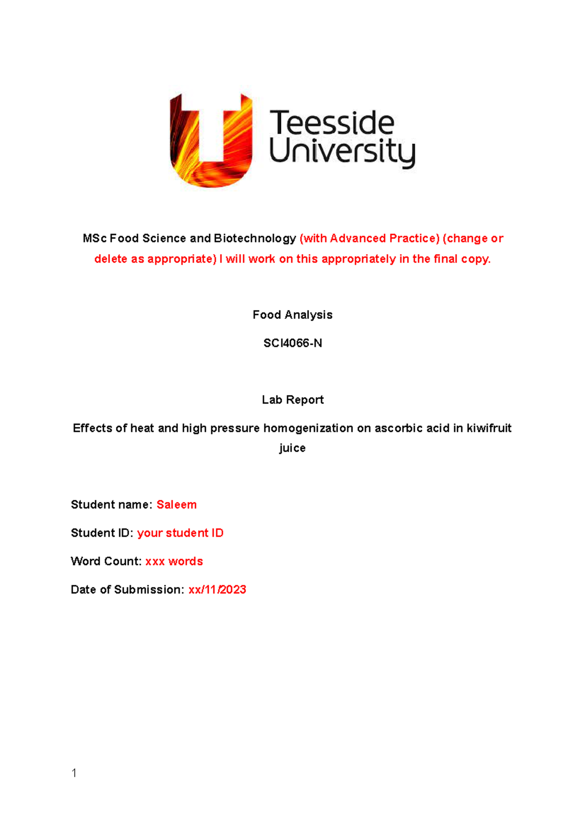 Food Analysis (SCI4066) Assessment Template - MSc Food Science and ...
