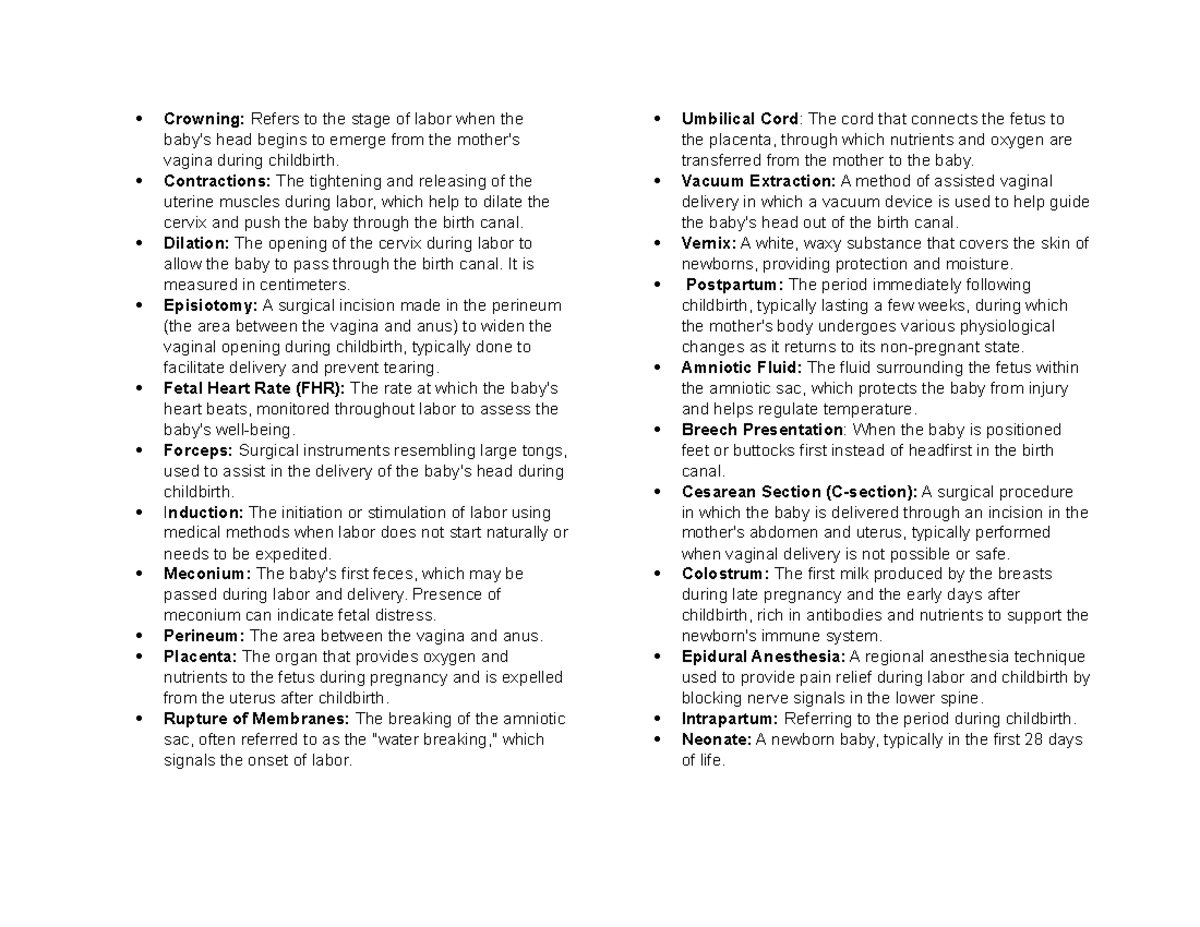 DR-terms - DR terms - Crowning: Refers to the stage of labor when the ...