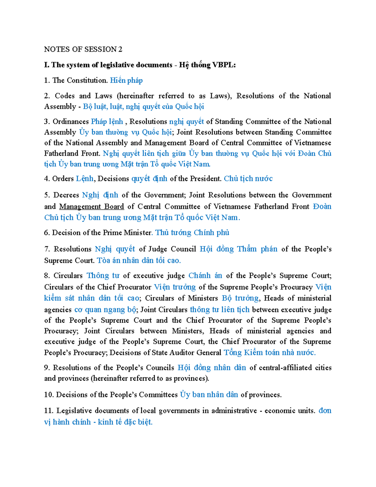 Notes OF Session 2 - NOTES OF SESSION 2 I. The system of legislative ...