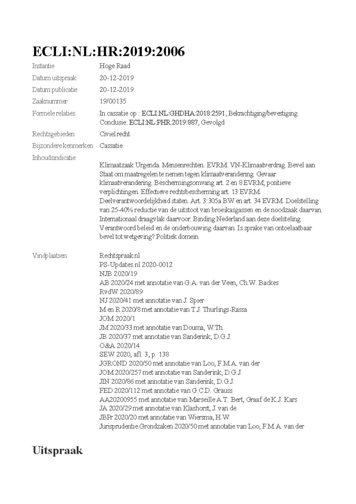 ECLI NL HR 2019 2006 - Arrest Urgenda - Recht - Studeersnel