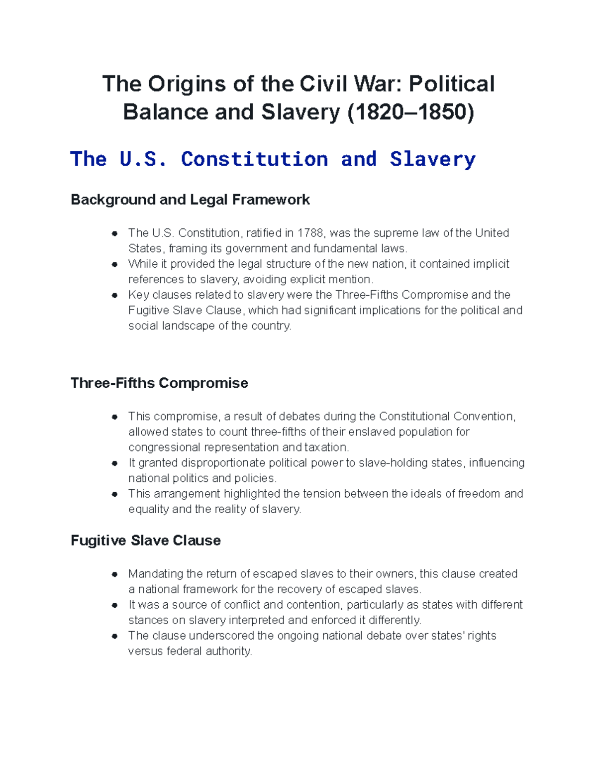 The Origins of the Civil War Political Balance and Slavery (1820–1850 ...