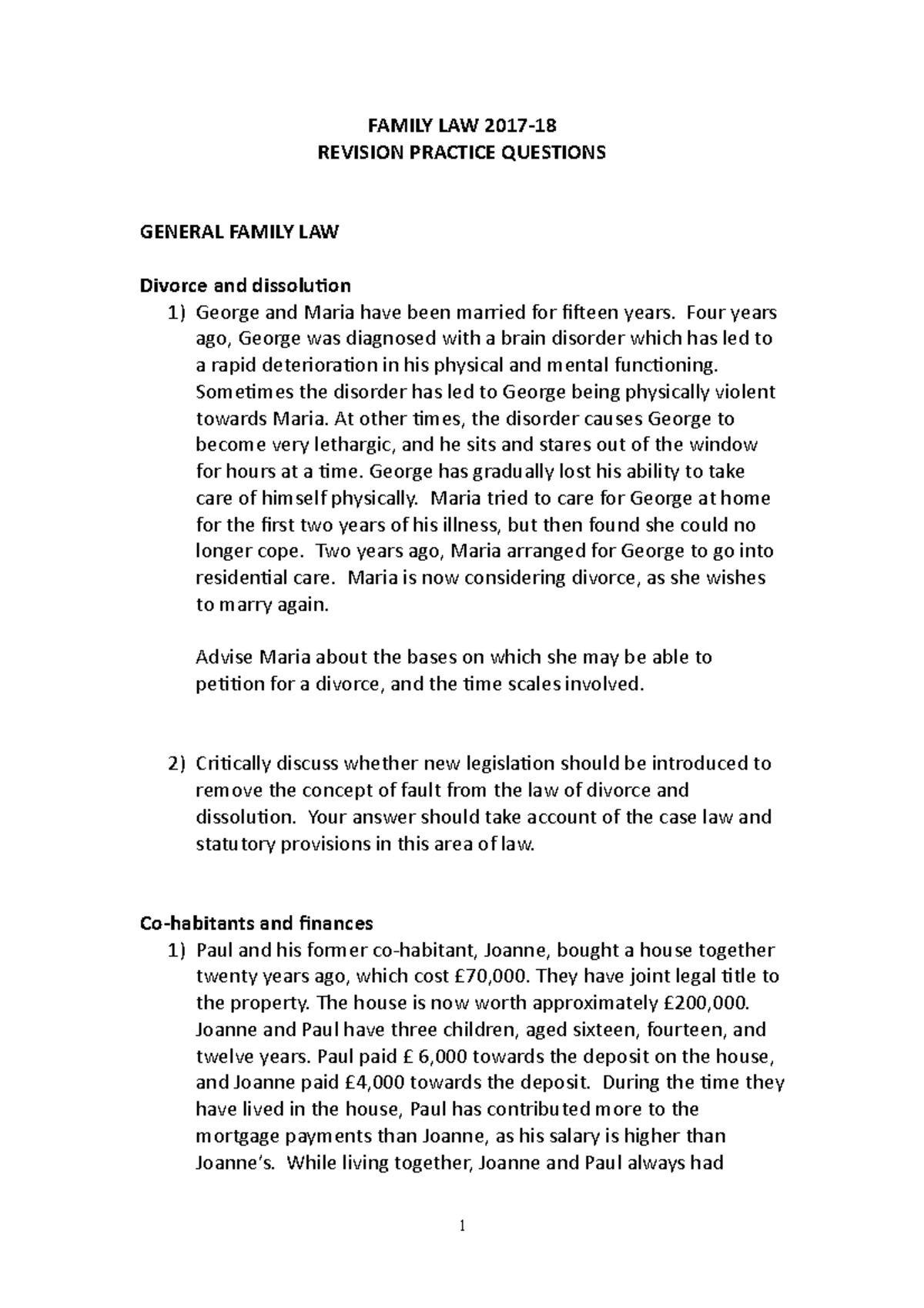 Family LAW 2017-18, Revision Practice Questions - FAMILY LAW 2017 ...
