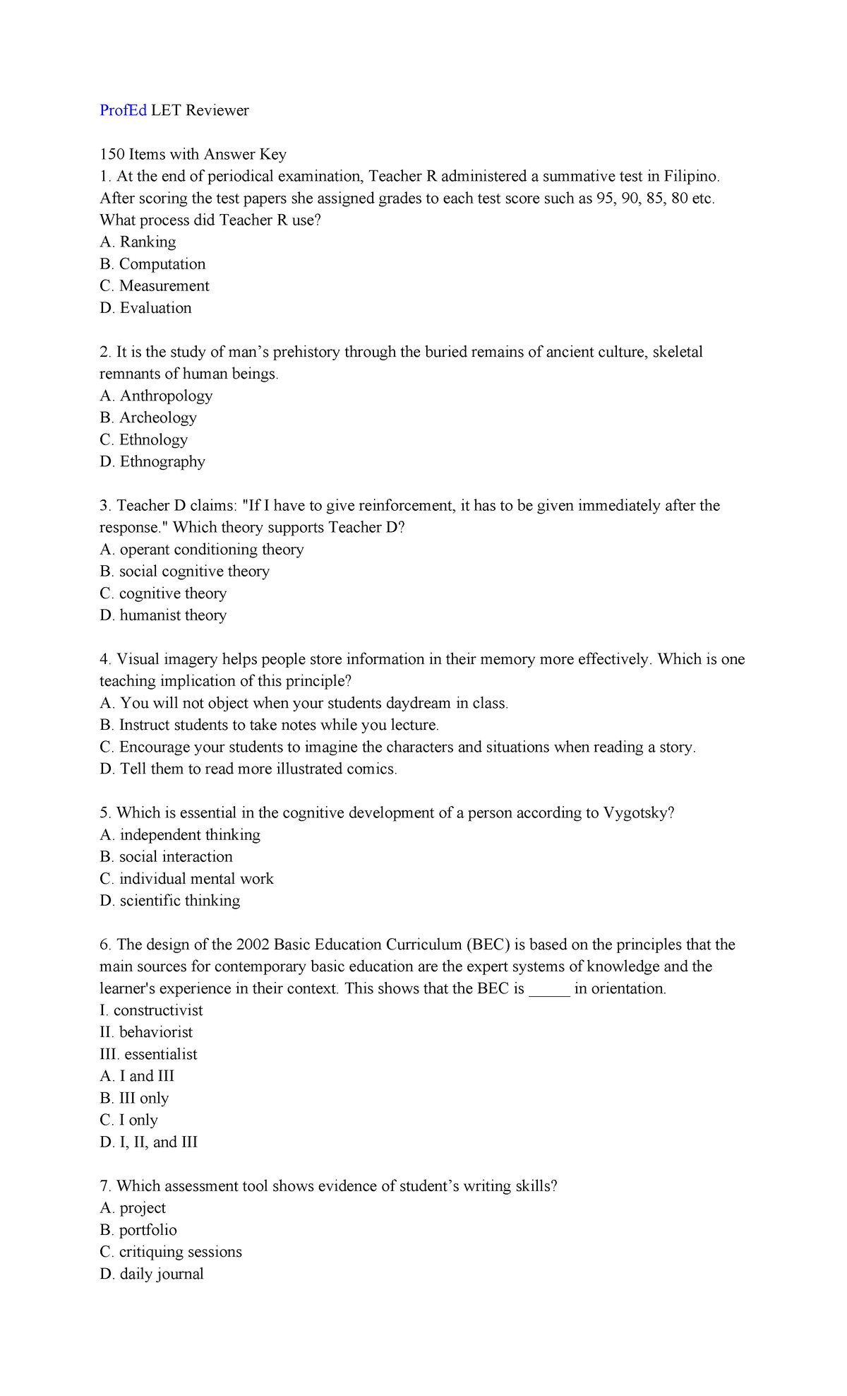 1 Prof Ed LET Reviewer 2024 - ProfEd LET Reviewer 150 Items with Answer ...