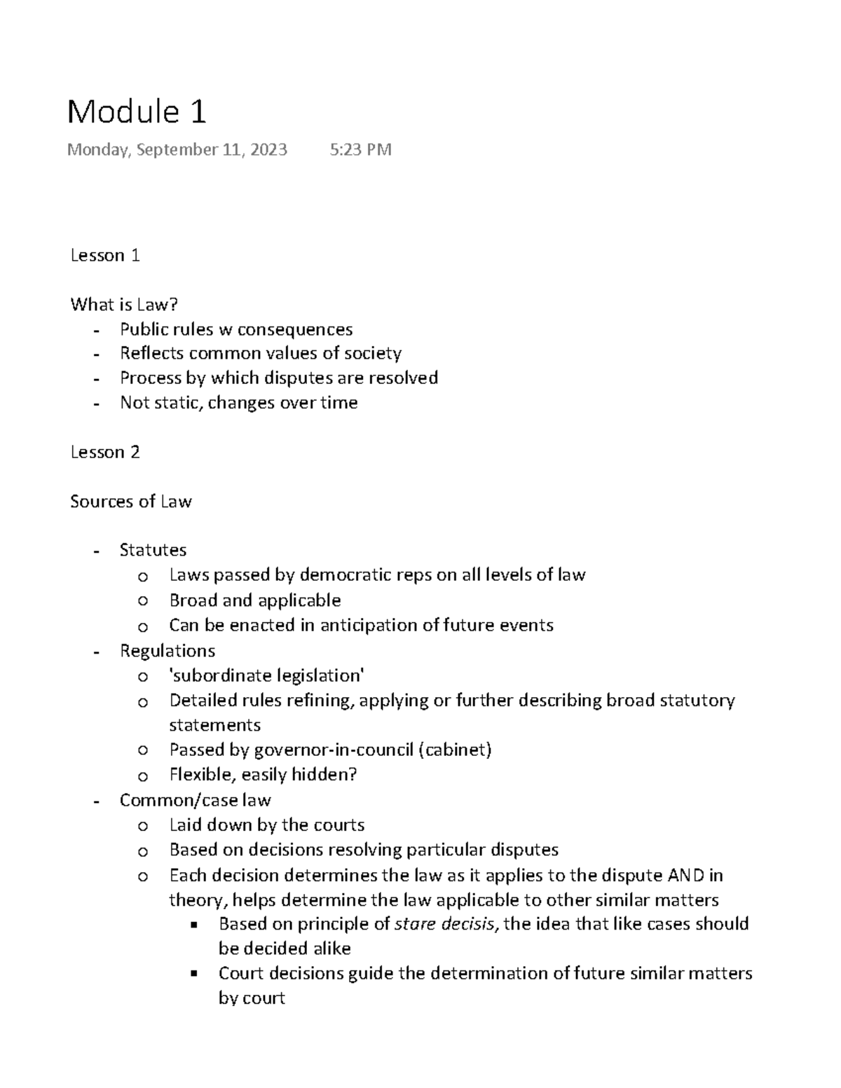 Module 1 notes law 2010 - Lesson 1 What is Law? Public rules w ...