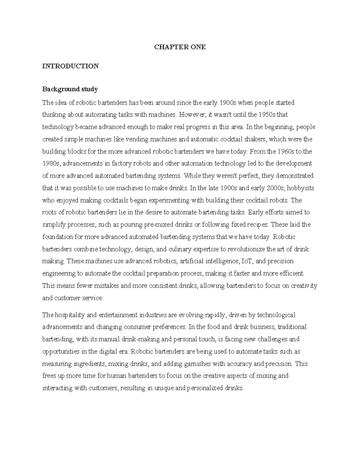 Chapter ONE Robotics Bartender Introduction - CHAPTER ONE INTRODUCTION ...