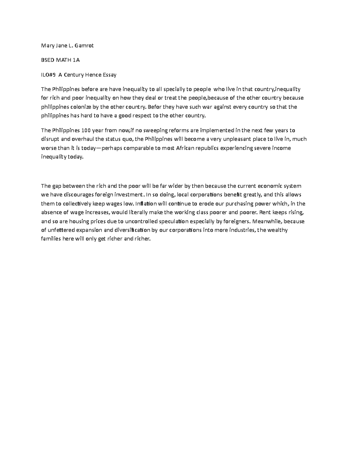 PI100 ILO#9 Gamrot - none - Mary Jane L. Gamrot BSED MATH 1A ILO#9 A ...