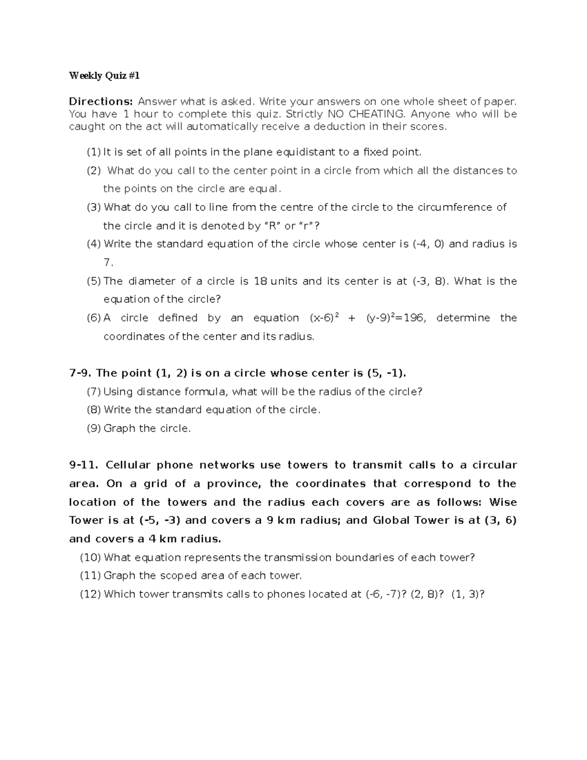 Weekly Quiz - ..... - Weekly Quiz # Directions: Answer what is asked ...