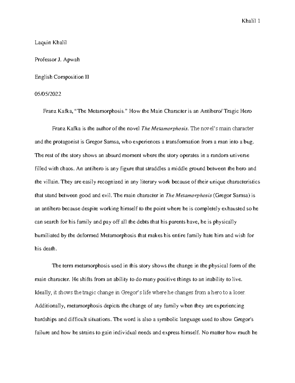 Franz Kafka The Metamorphosis How the Main Character is an Antihero ...