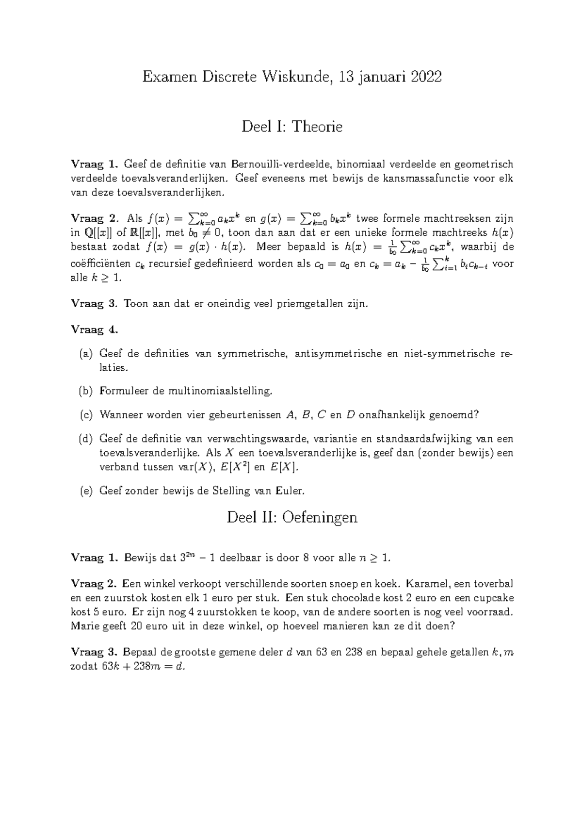 Voorbeeld Examen 1 - Examen Discrete Wiskunde, 13 januari 2022 Deel I ...