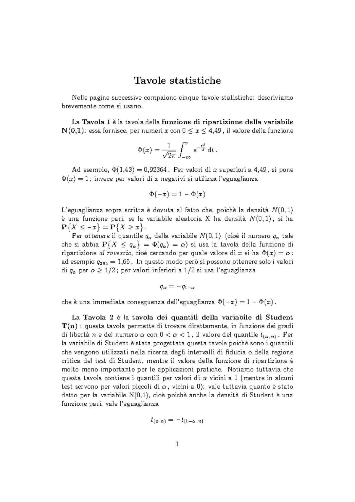 Tavole Statistiche - Statistica - Tavole statistiche Nelle pagine ...