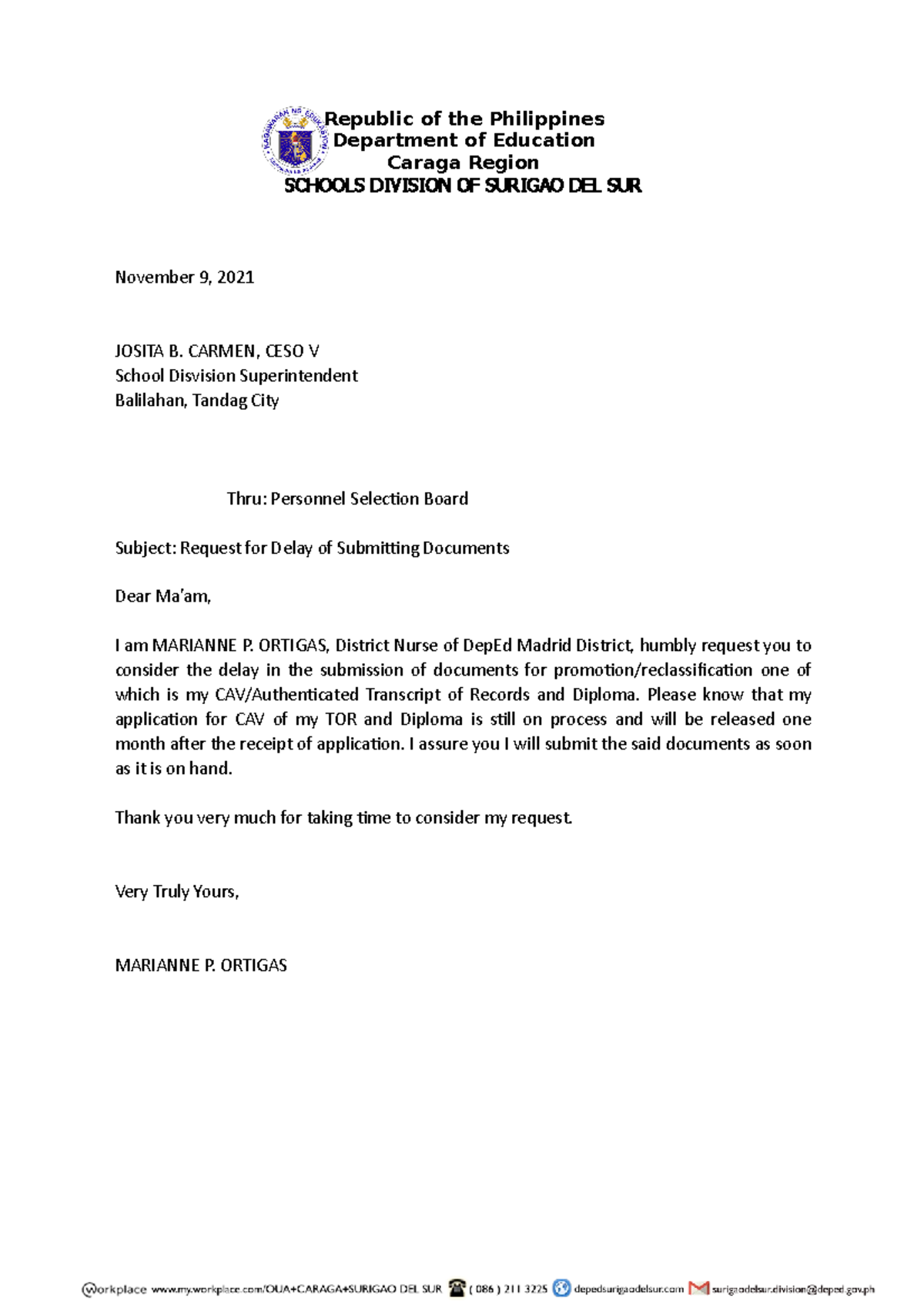 Request FOR Delay Format - Republic of the Philippines Department of ...