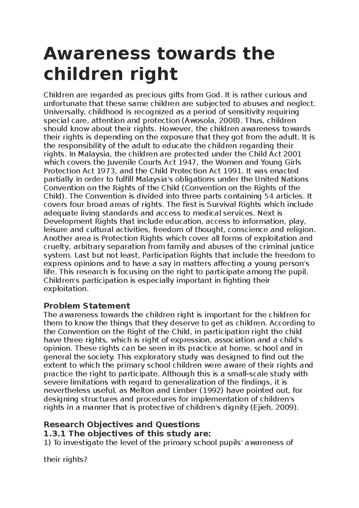 Awareness towards the children right - Awareness towards the children ...