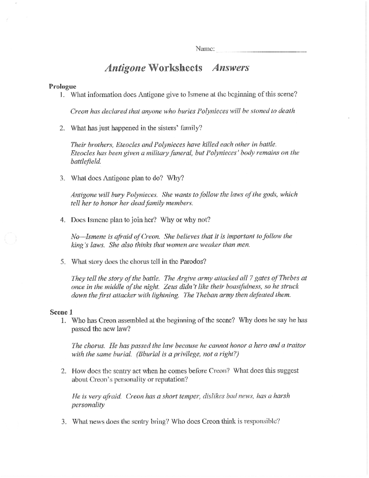antigone answers - Name: Antigone Worksheets Answers Prologue 1. What ...