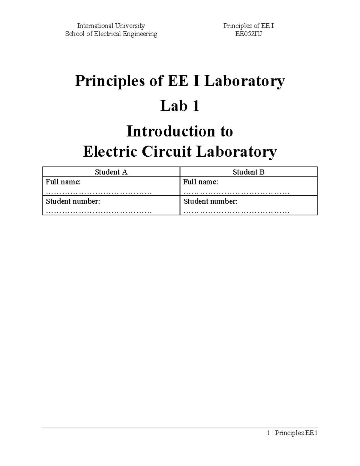 EE1 - Lab 1 - Data sheet - Lab manu - School of Electrical Engineering EE052IU Principles of EE ...