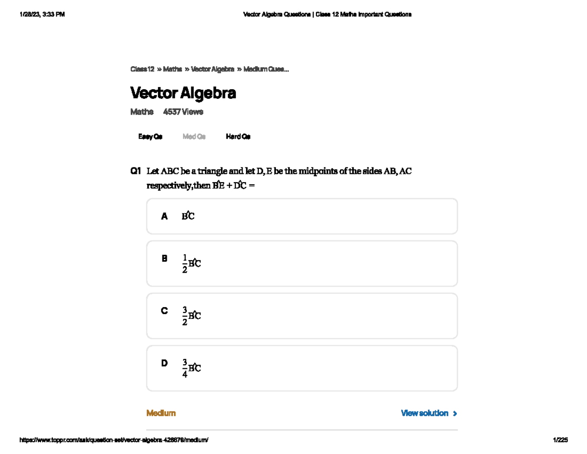 Vector Algebra Medium Questions - Mathematics - Studocu
