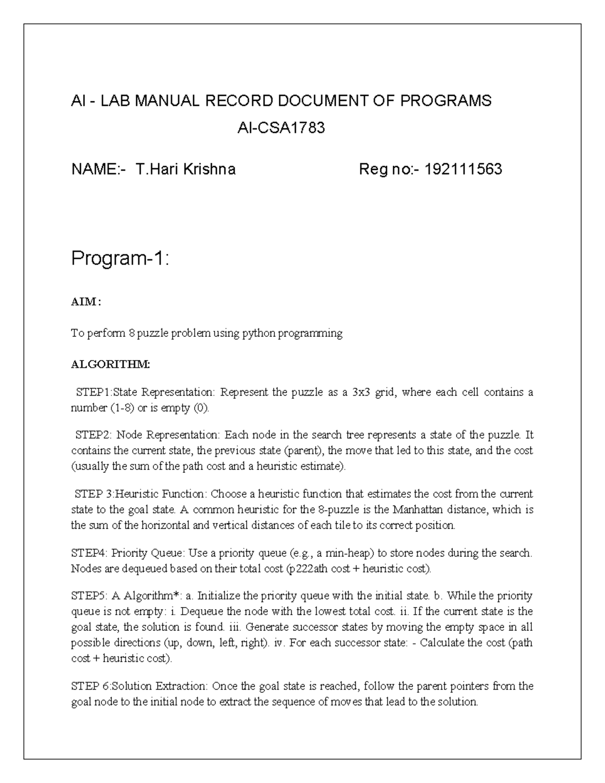 AI CSA1783 Program Document - AI - LAB MANUAL RECORD DOCUMENT OF ...