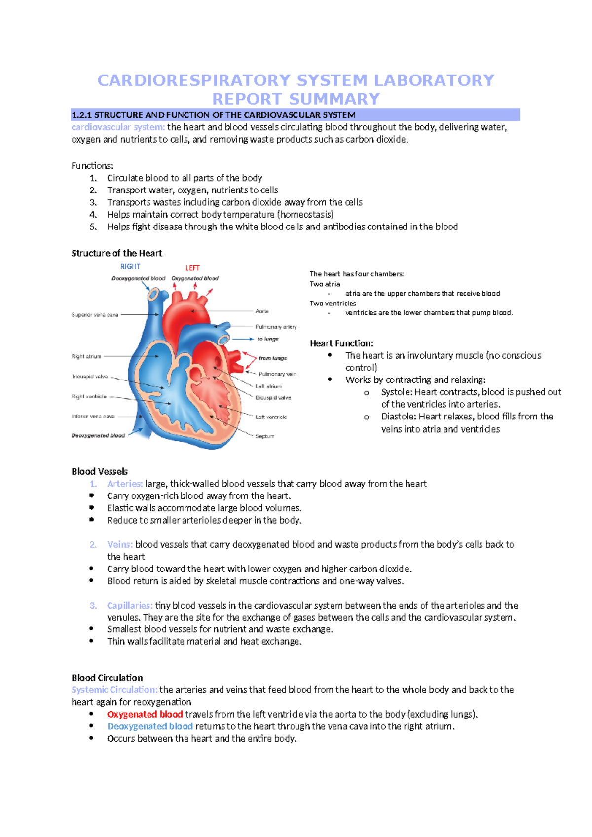 Cardiorespiratory System Laboratory Report Summary - CARDIORESPIRATORY ...