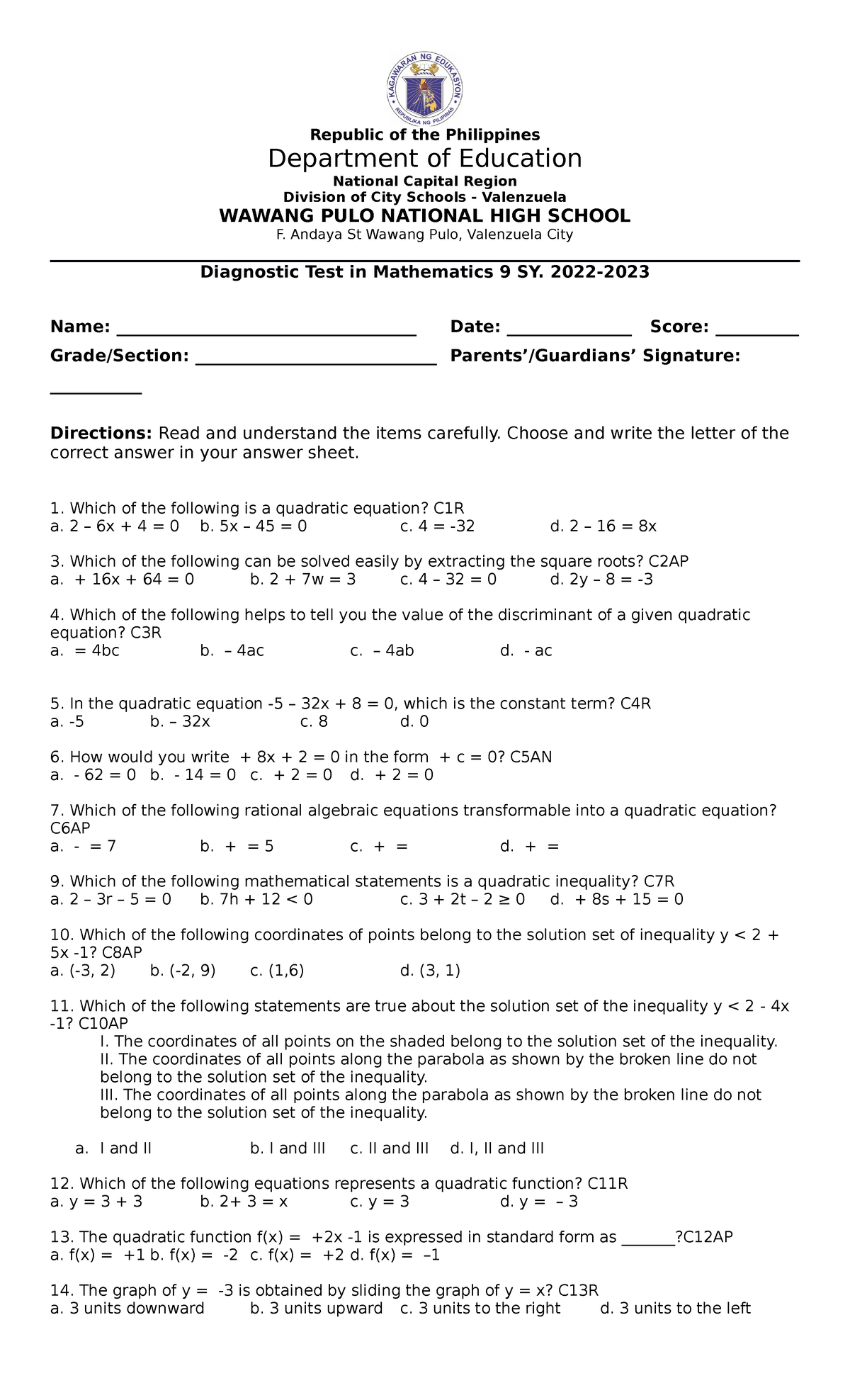 Diagnostic TEST-MATH 9 - Republic of the Philippines Department of ...