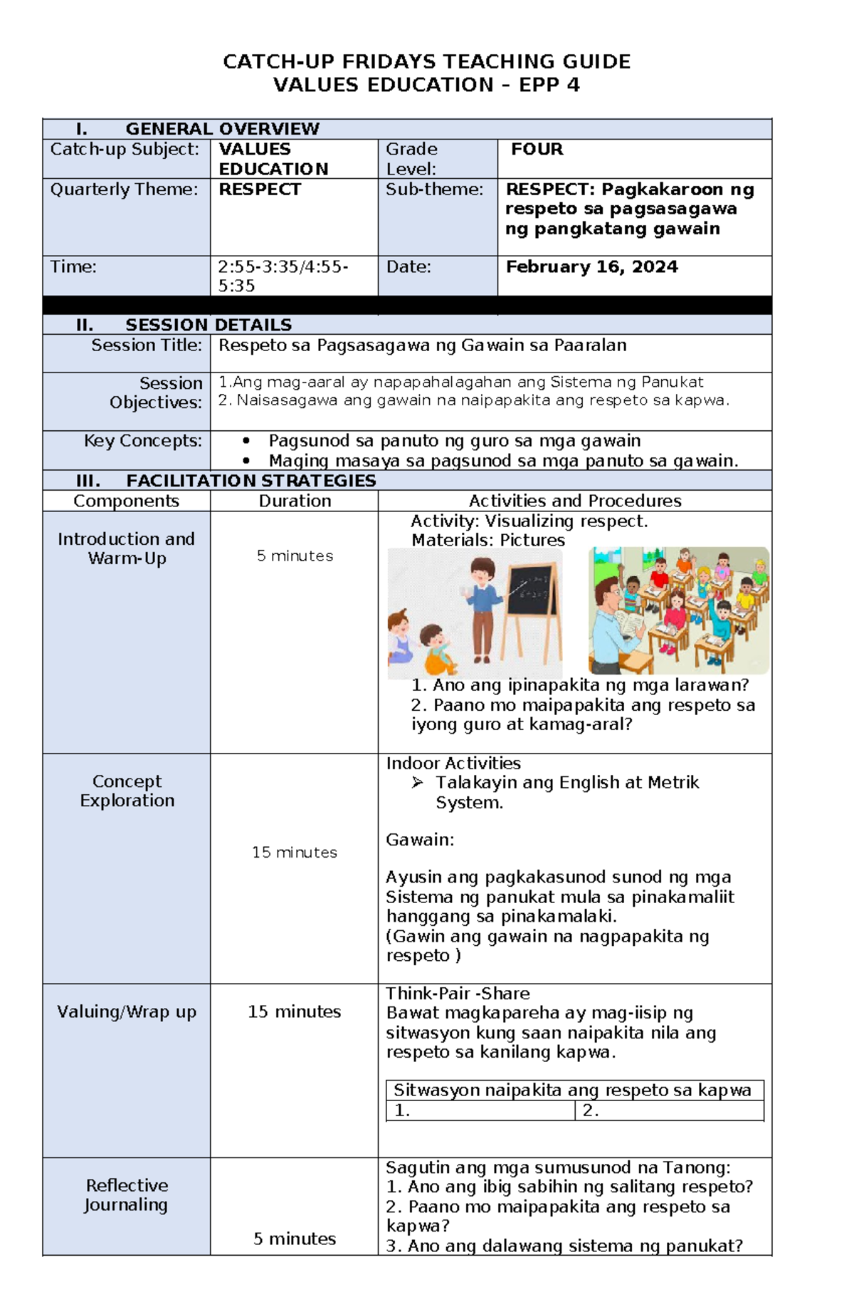 Catch UP Friday EPP 4 WEEK 2 - CATCH-UP FRIDAYS TEACHING GUIDE VALUES EDUCATION – EPP 4 I ...
