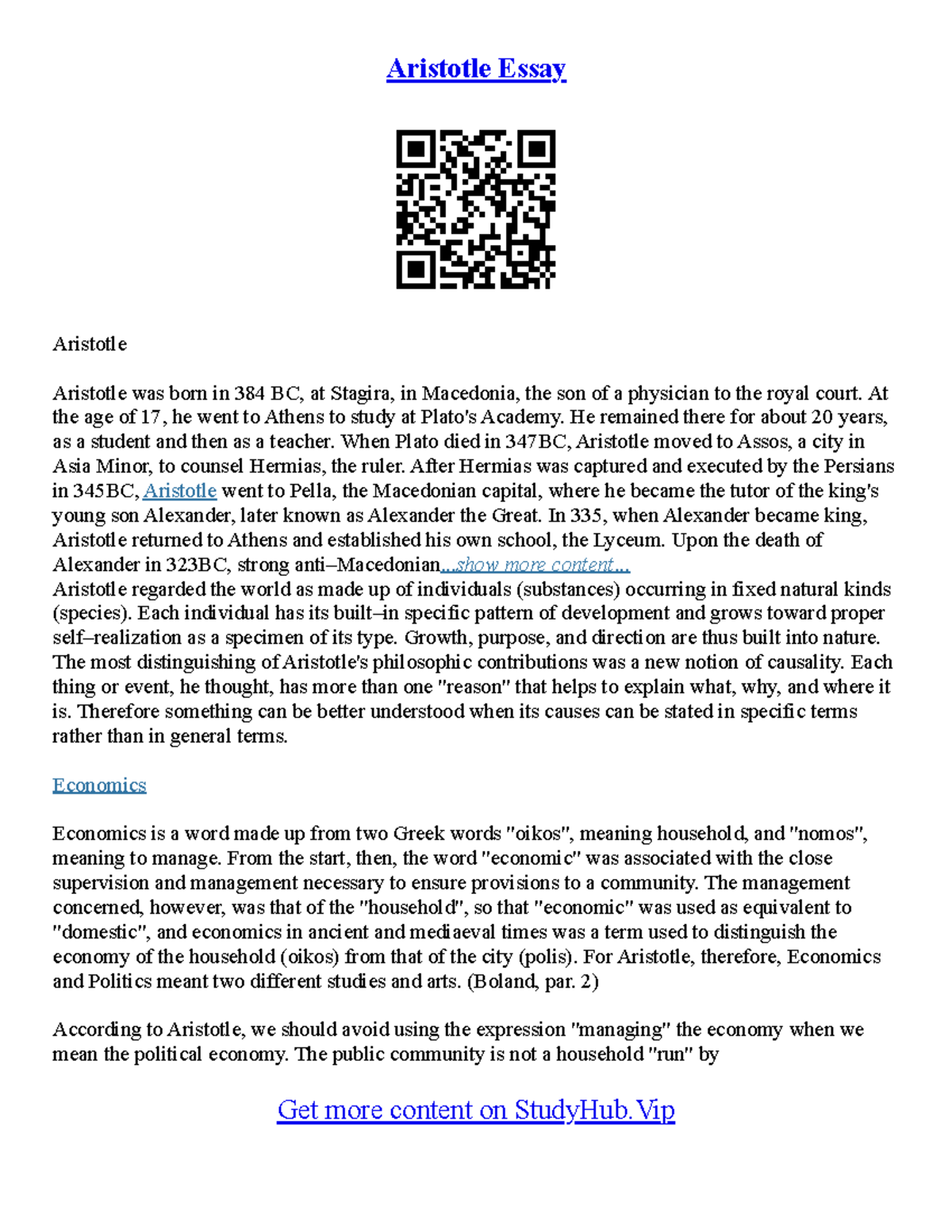 Aristotle Essays - Aristotle Essay Aristotle Aristotle was born in 384 ...