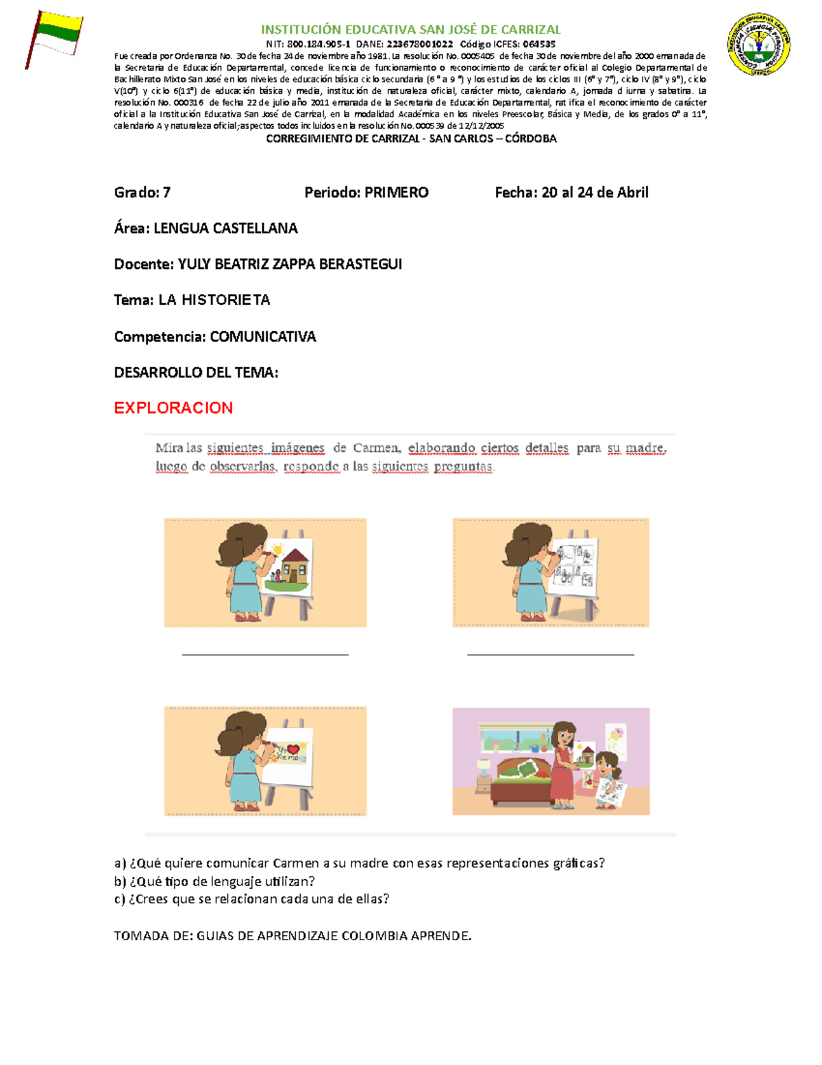 GUIA DE Aprendizaje LA Historieta Grado 7 - NIT: 800.184-1 DANE ...