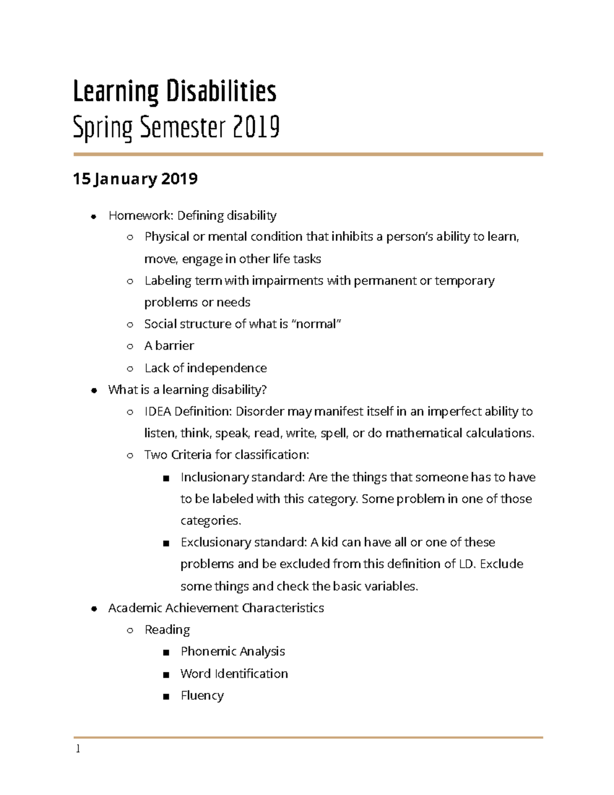 LD class notes - Jordan - Learning Disabilities Spring Semester 2019 15 ...