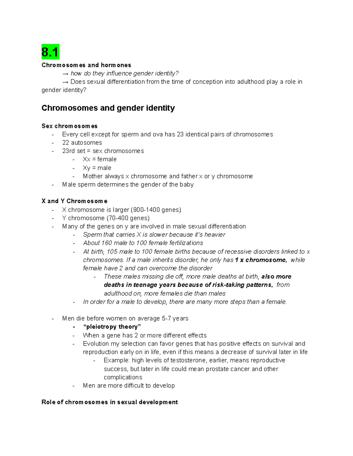 PSY 306 WB - Lecture notes for Exam 2 - 8 Chromosomes and hormones how ...