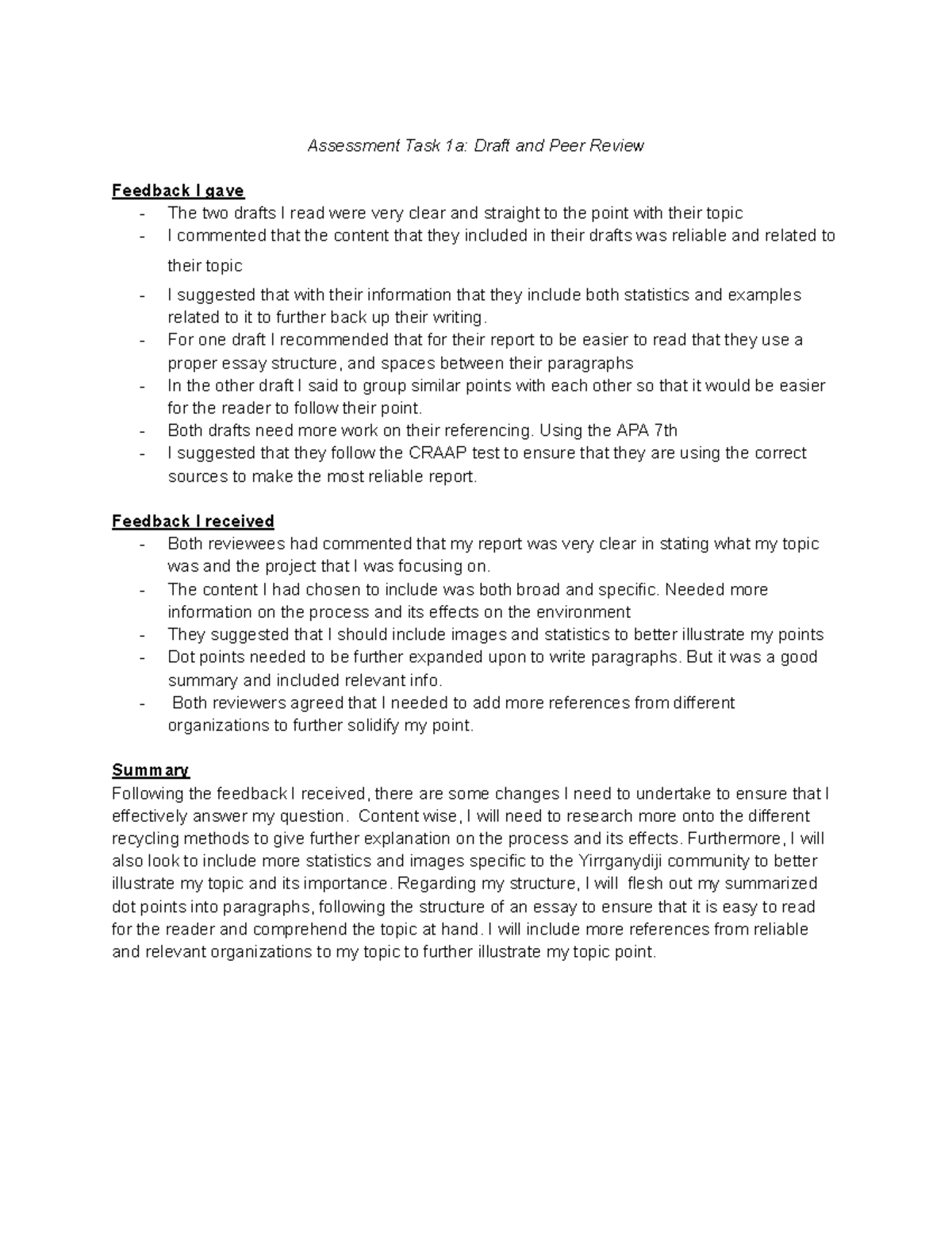 Assessment Task 1a Draft and Peer Review - Assessment Task 1a: Draft ...