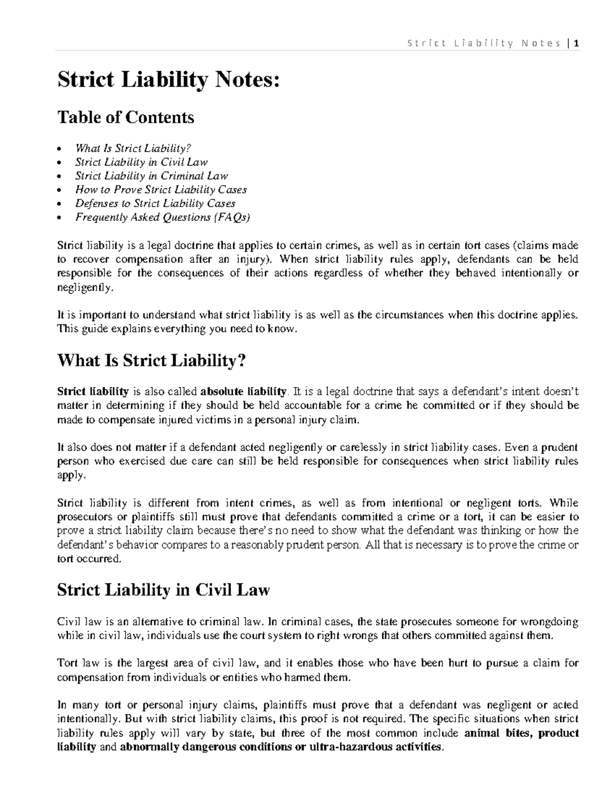 Strict Liability Tort Notes - Strict Liability Notes: Table of Contents ...
