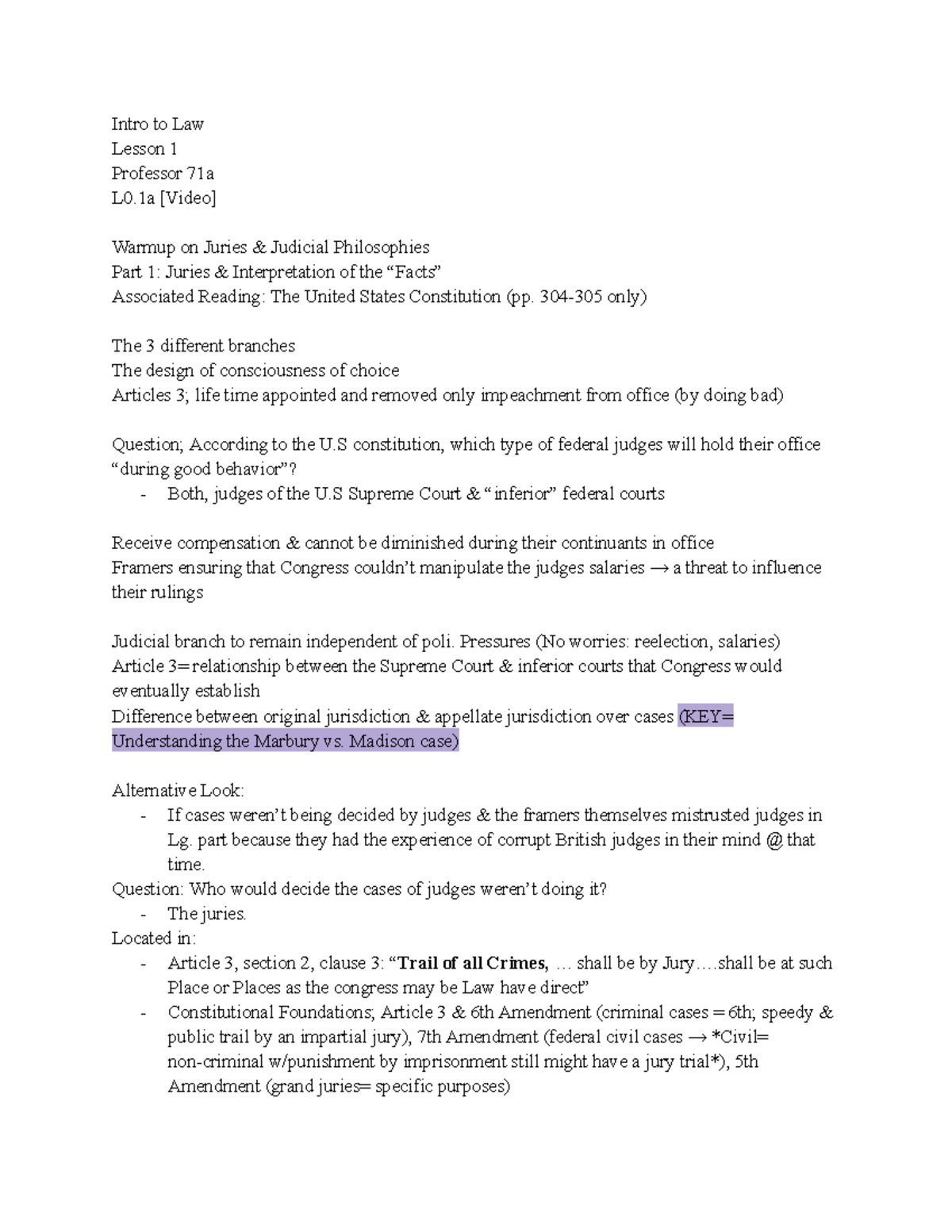 0.1a Lesson Notes - Professor Sellgreen class - Intro to Law Lesson 1 ...