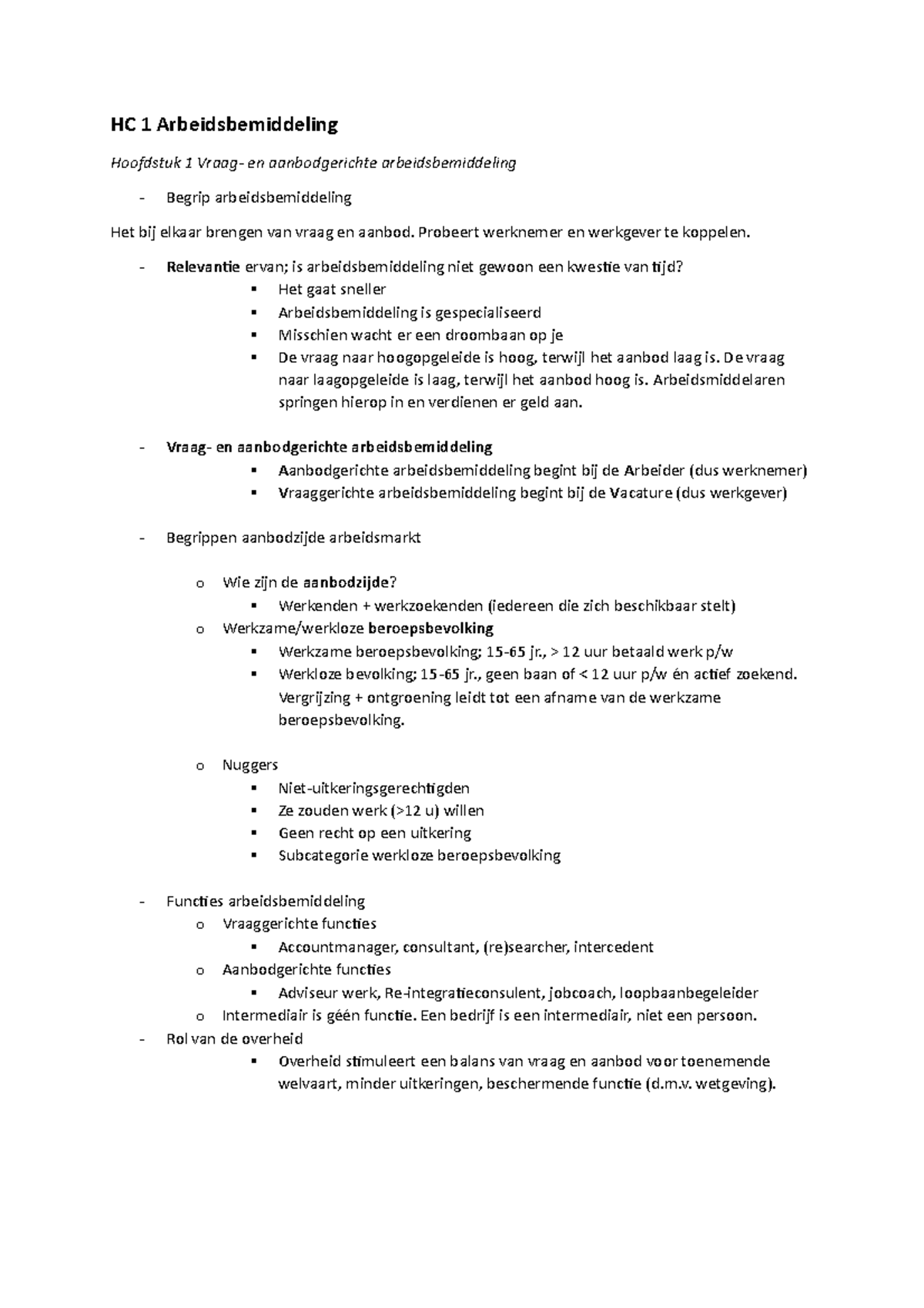 Arbeidsbemiddeling - HC 1 Arbeidsbemiddeling Hoofdstuk 1 Vraag- en ...