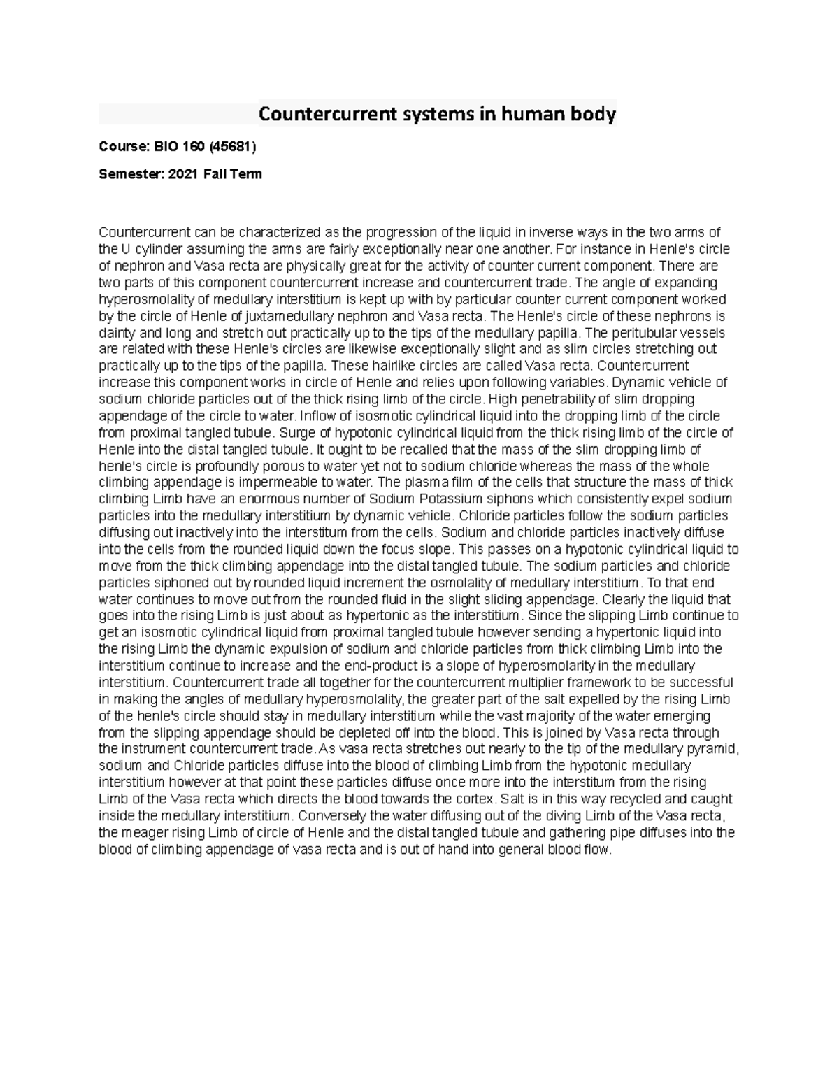 BIO 160, X-Credit 5 Assigment - Countercurrent systems in human body ...