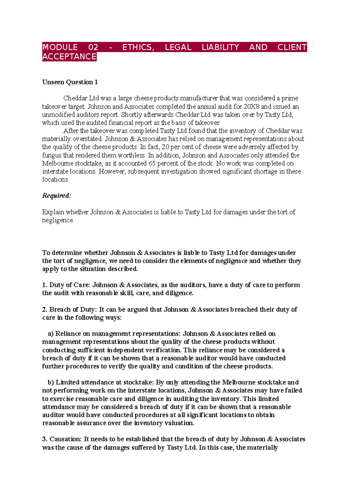 Unseen Question WEEK 2 - MODULE 02 - ETHICS, LEGAL LIABILITY AND CLIENT ...