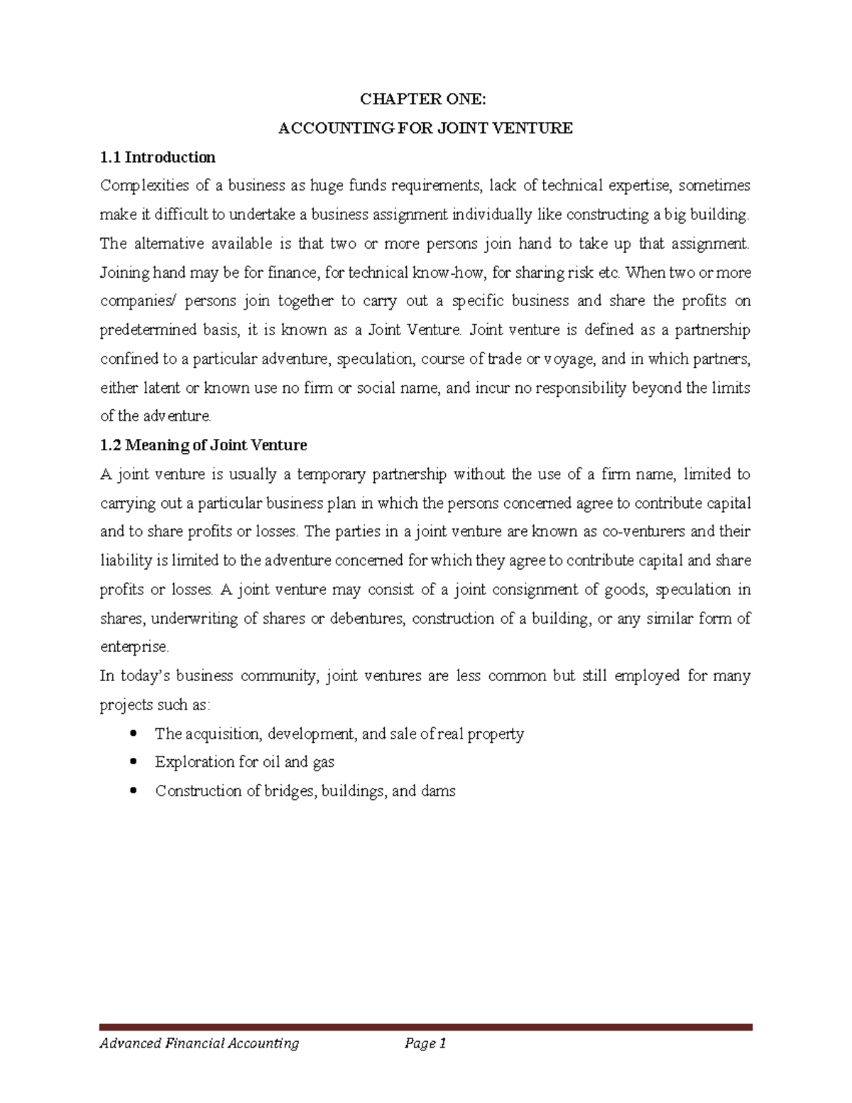 Advanced Financial Accounting-II - CHAPTER ONE: ACCOUNTING FOR JOINT ...