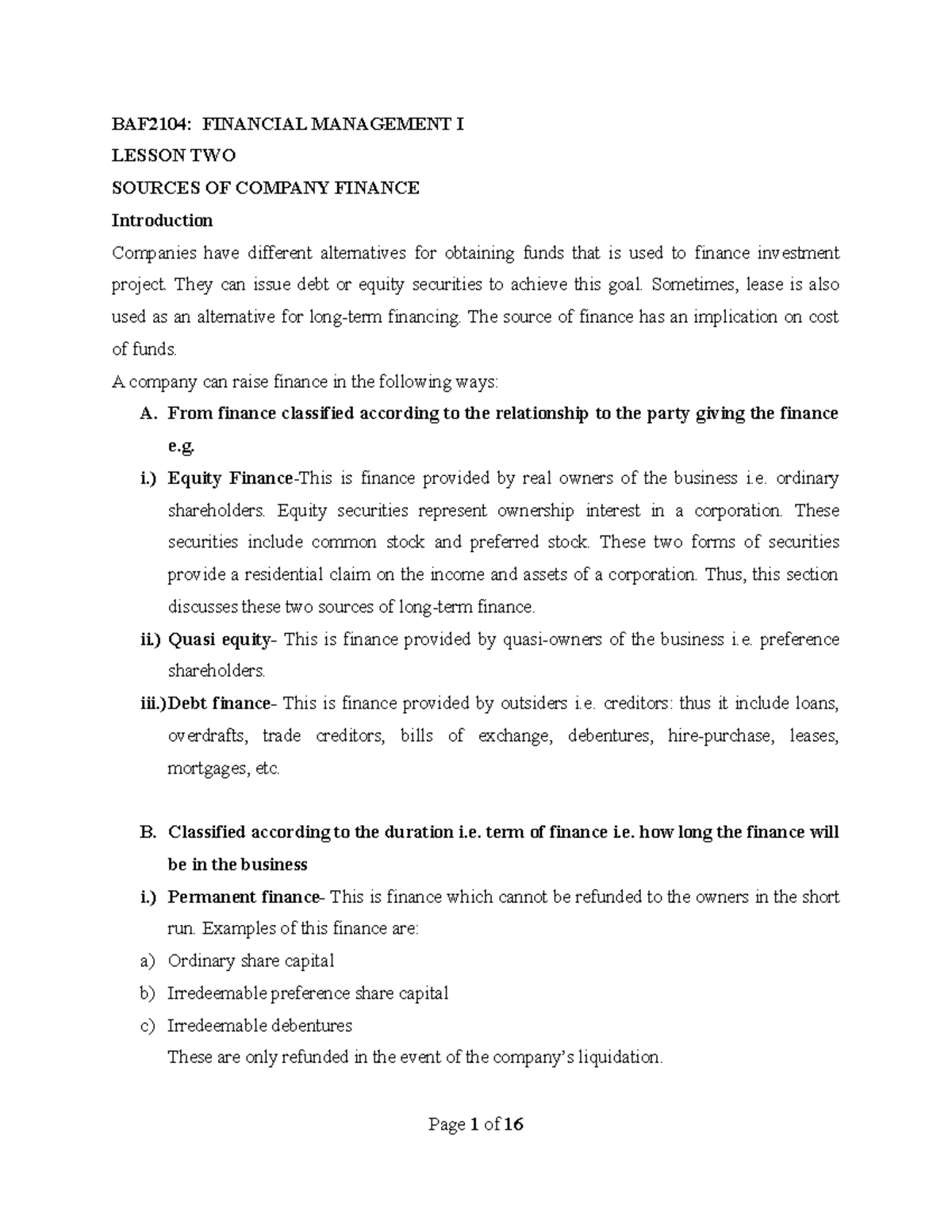 F.M Lesson 2 - Practical work - BAF2104: FINANCIAL MANAGEMENT I LESSON ...