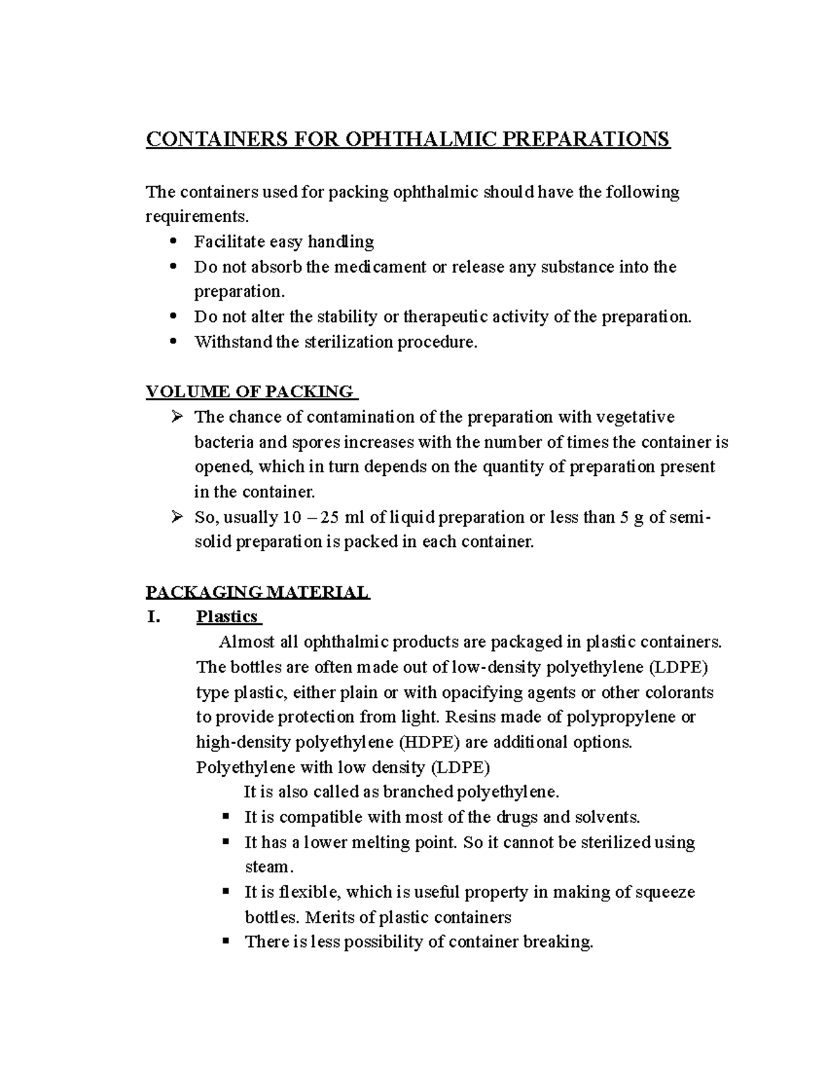 Containers for Ophthalmic Preparations - CONTAINERS FOR OPHTHALMIC ...