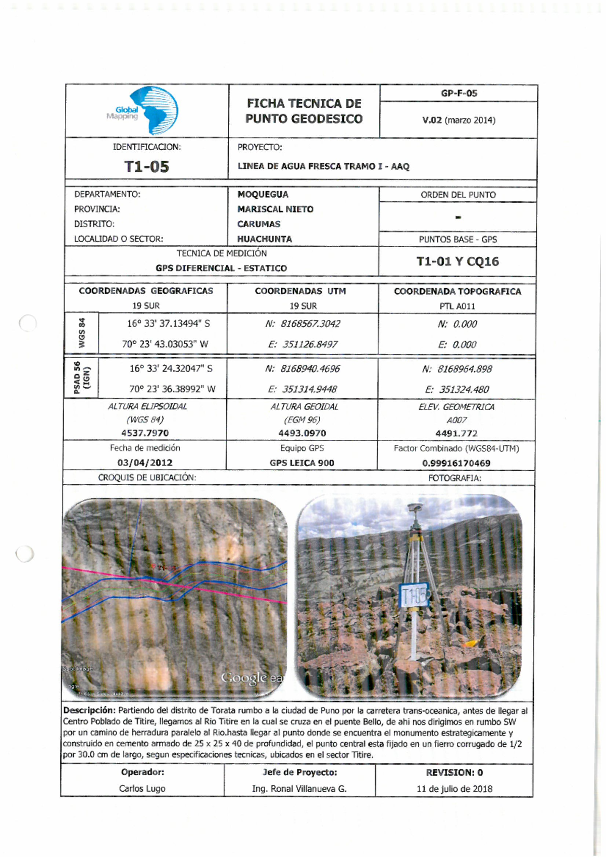 Ficha tecnica T1-03 Y T1 05 puente mecano - FICHA TECNICA DE Global Mapping PUNTO GEODESICO V ...