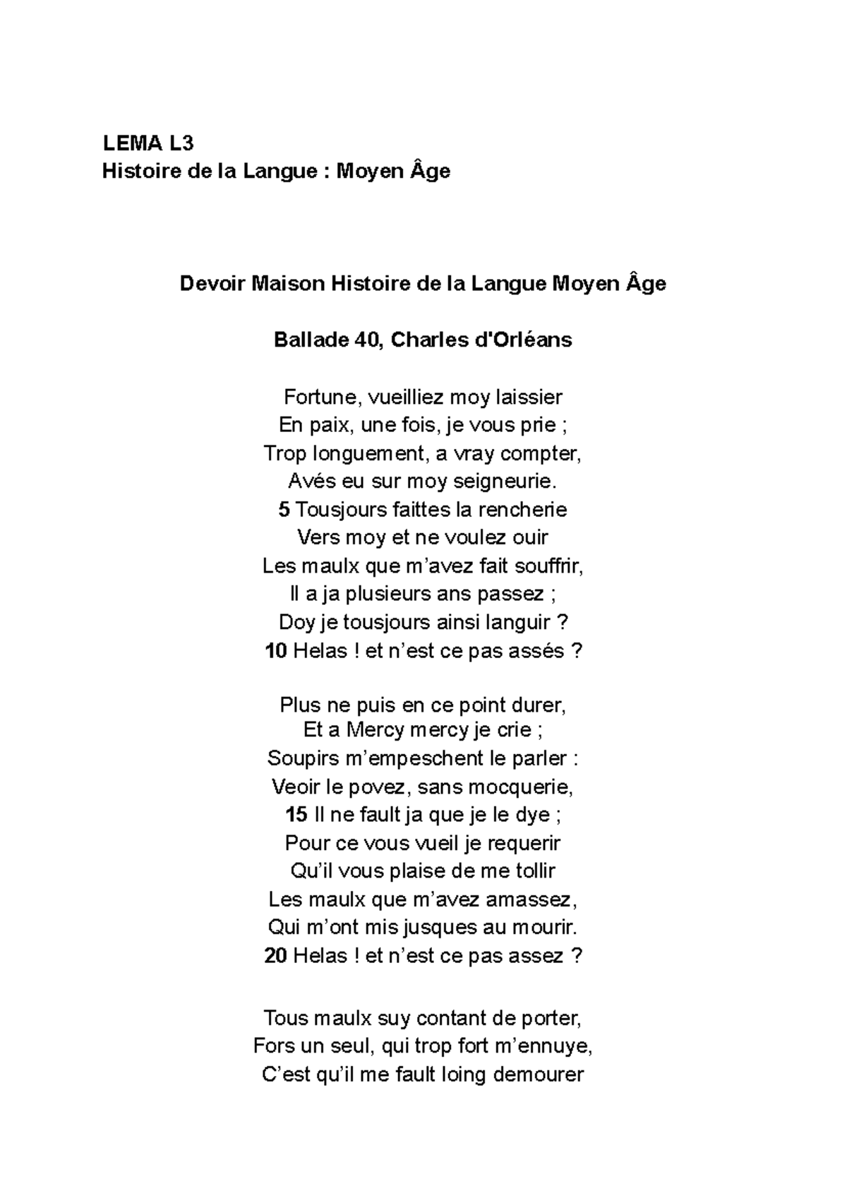 Devoir Maison Histoire de la Langue Moyen-Âge Ballade 40 de Charles d ...