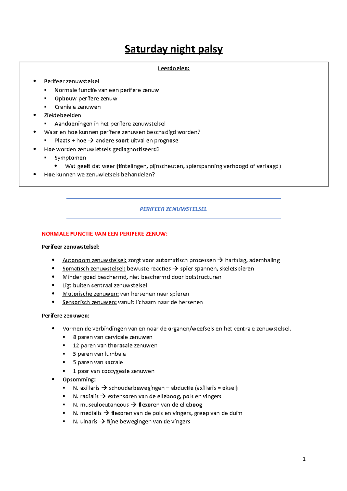 1 Saturday night palsy - samenvatting - Saturday night palsy PERIFEER ...