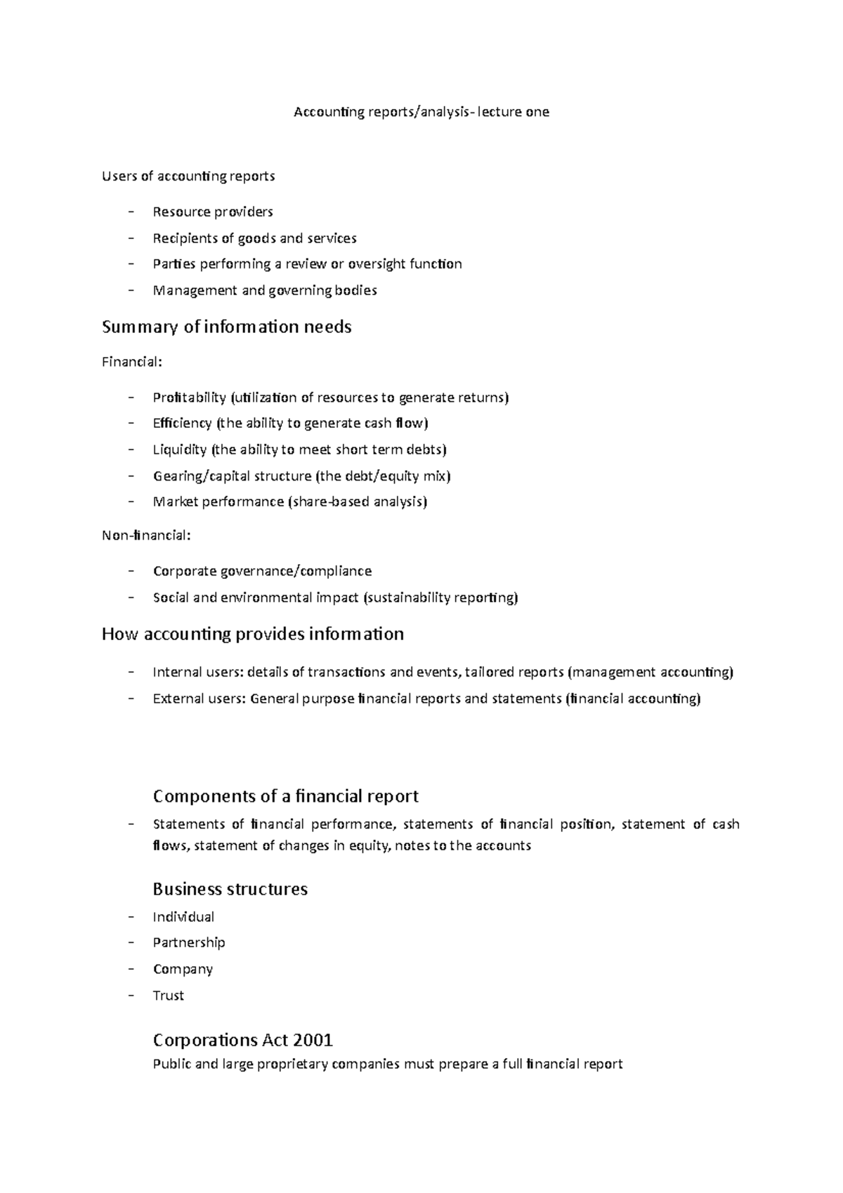Accounting Reports and Analysis- lectures 1 and 2 - Accounting reports ...