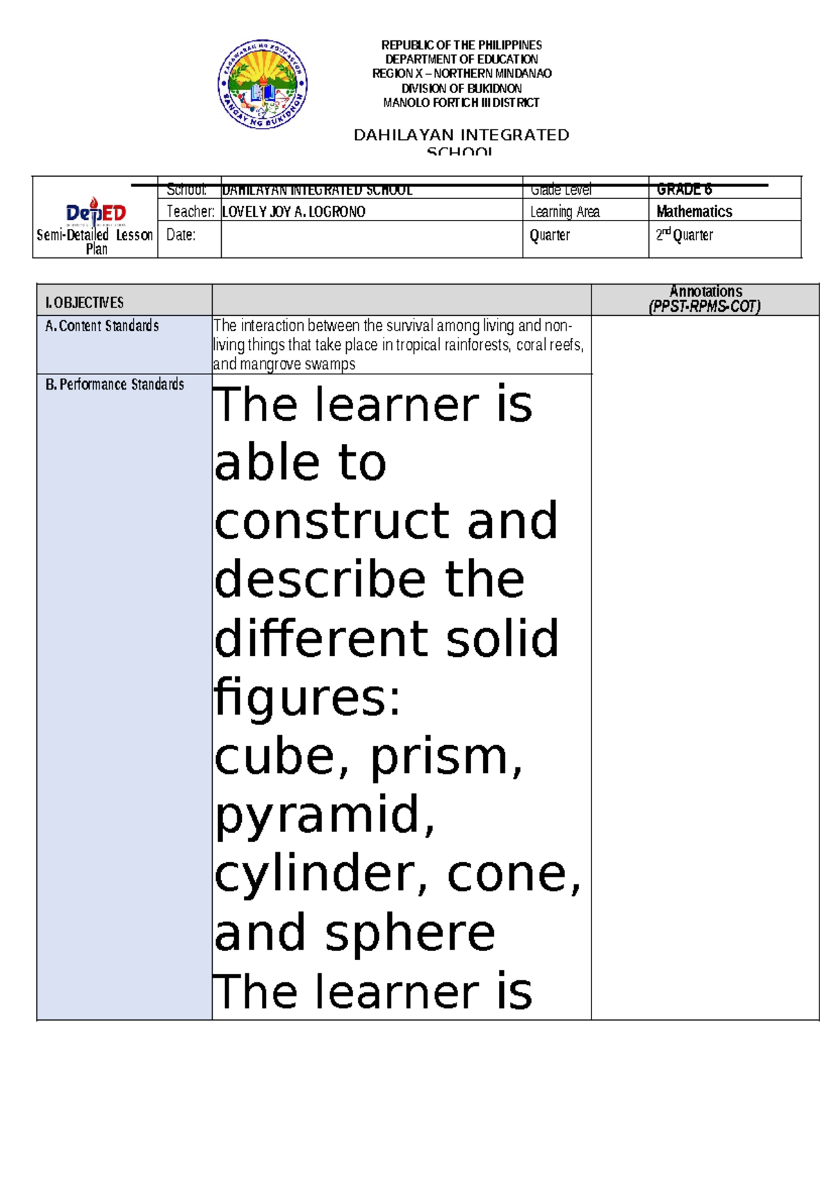Second COT - semi-detailed lesson plan in science - REPUBLIC OF THE ...