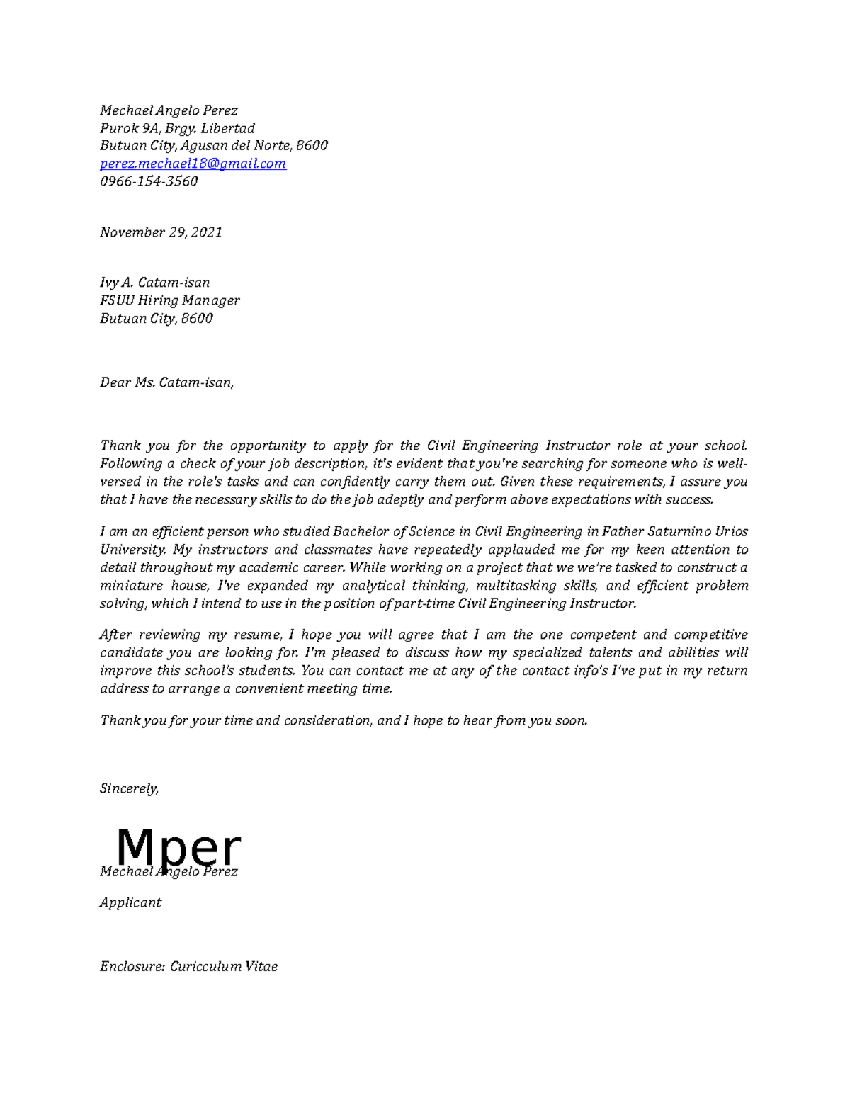 Cover Letter(JEEP Perez) - Mechael Angelo Perez Purok 9A, Brgy ...