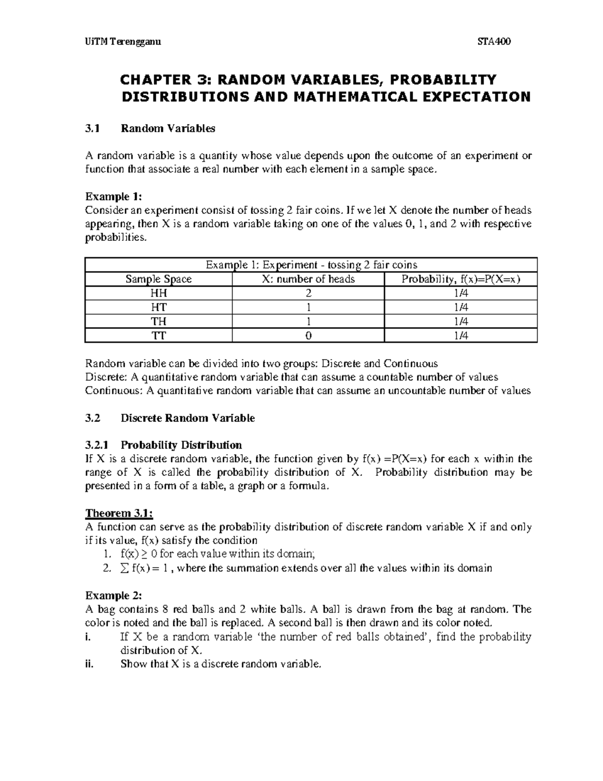 Chapter 3 STA400 updated - CHAPTER 3: RANDOM VARIABLES, PROBABILITY ...