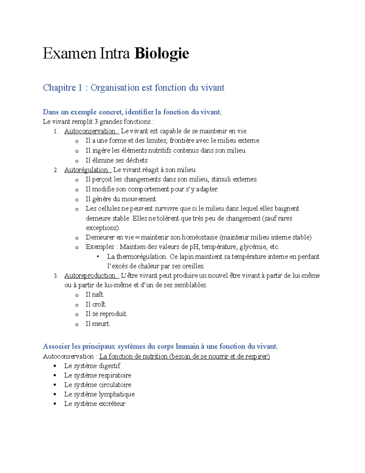 BIO Intra - material summary midterm 1 - Examen Intra Biologie Chapitre ...